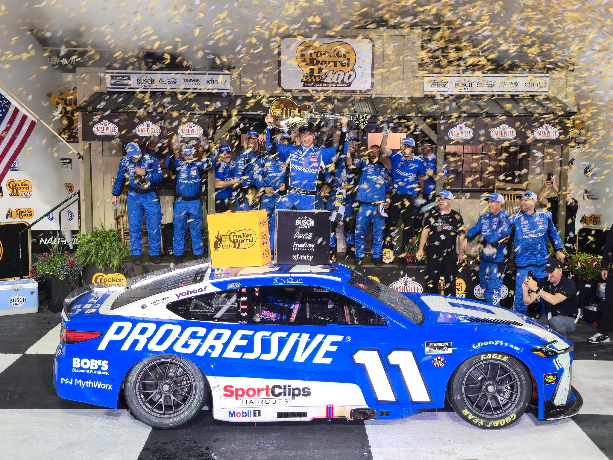 JGR trio run 3-wide for the lead at the white flag as Denny Hamlin wins ...